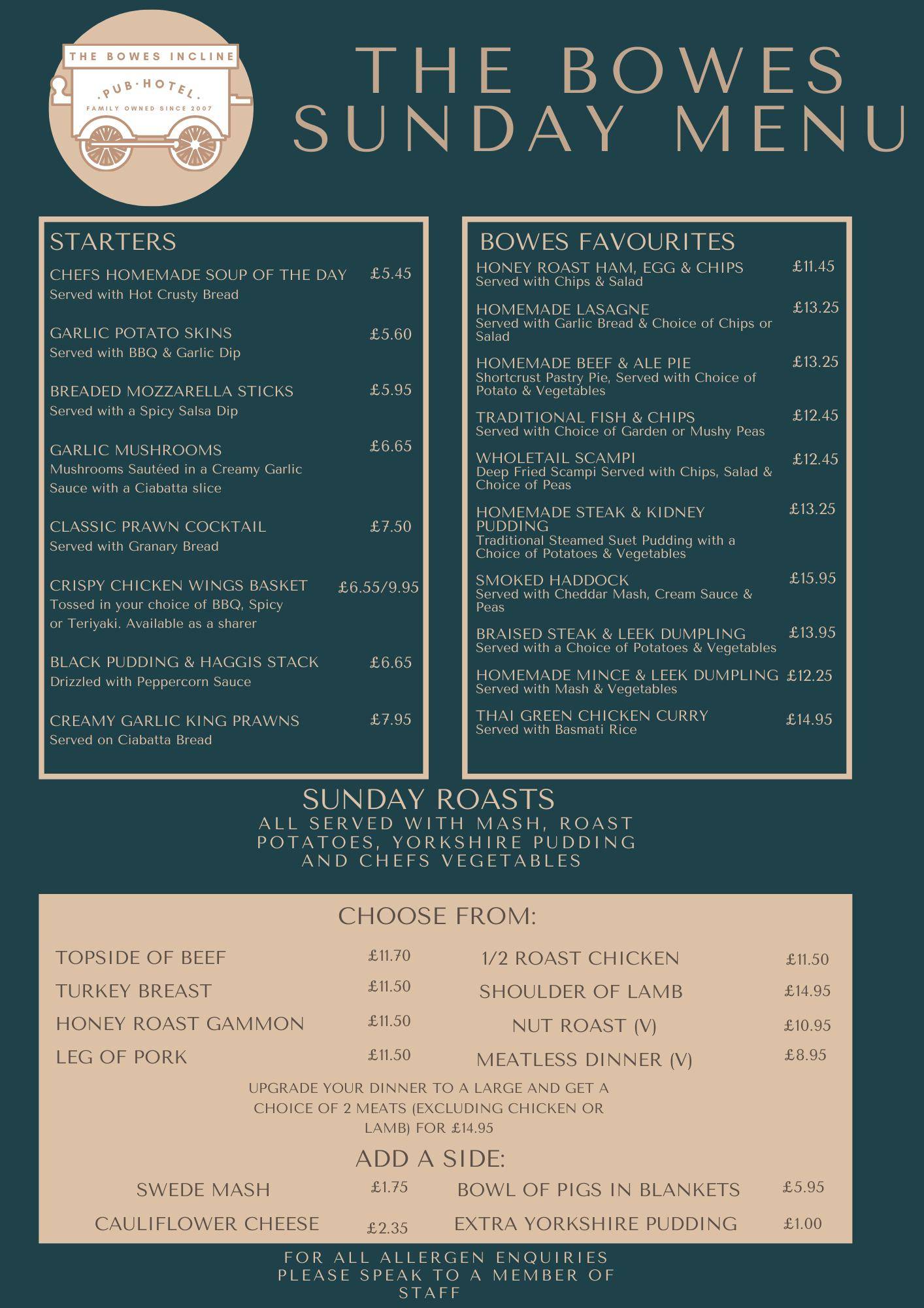 Menu at The Bowes Incline pub & bar, Gateshead