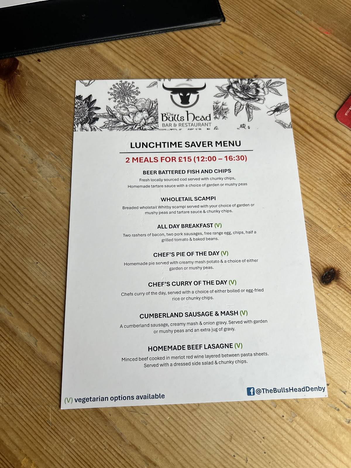 Menu at The Bulls Head Denby pub & bar, Ripley, 17 Denby Common