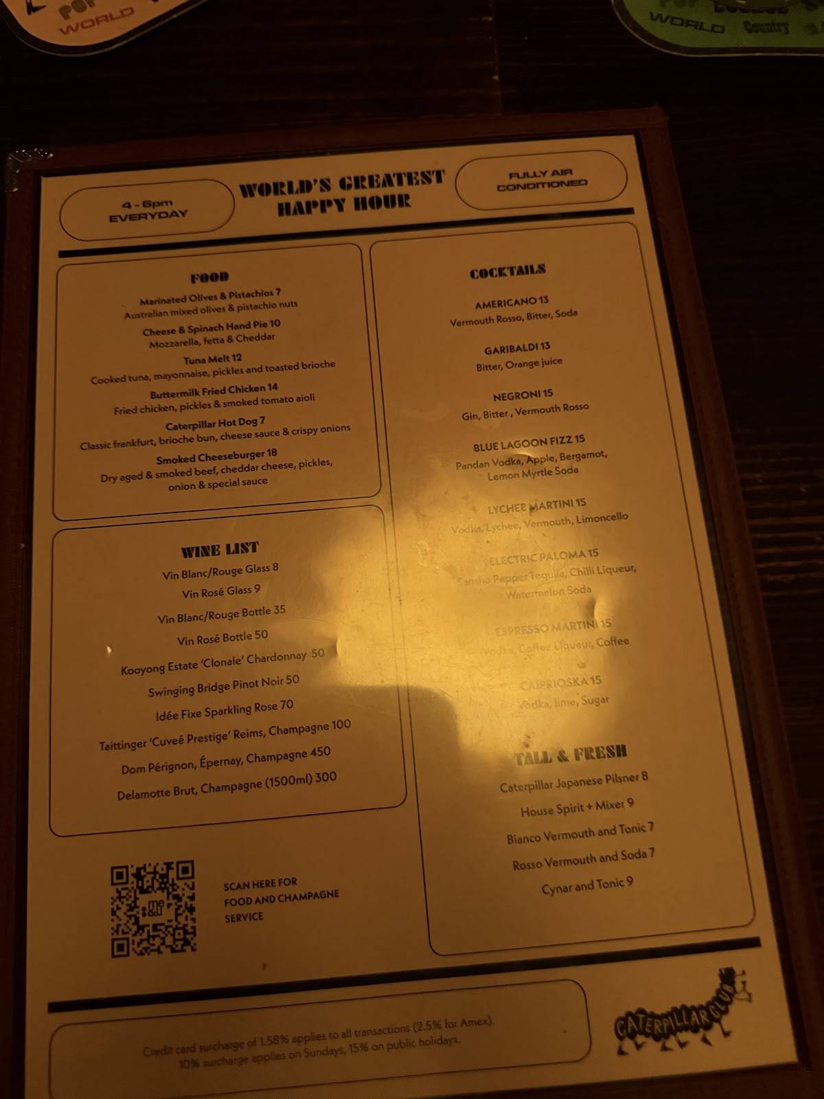Menu at The Caterpillar Club, Sydney