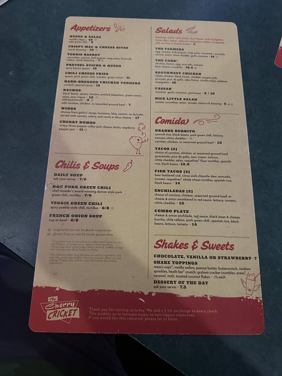 Menu at The Cherry Cricket pub & bar, Denver, E 2nd Ave