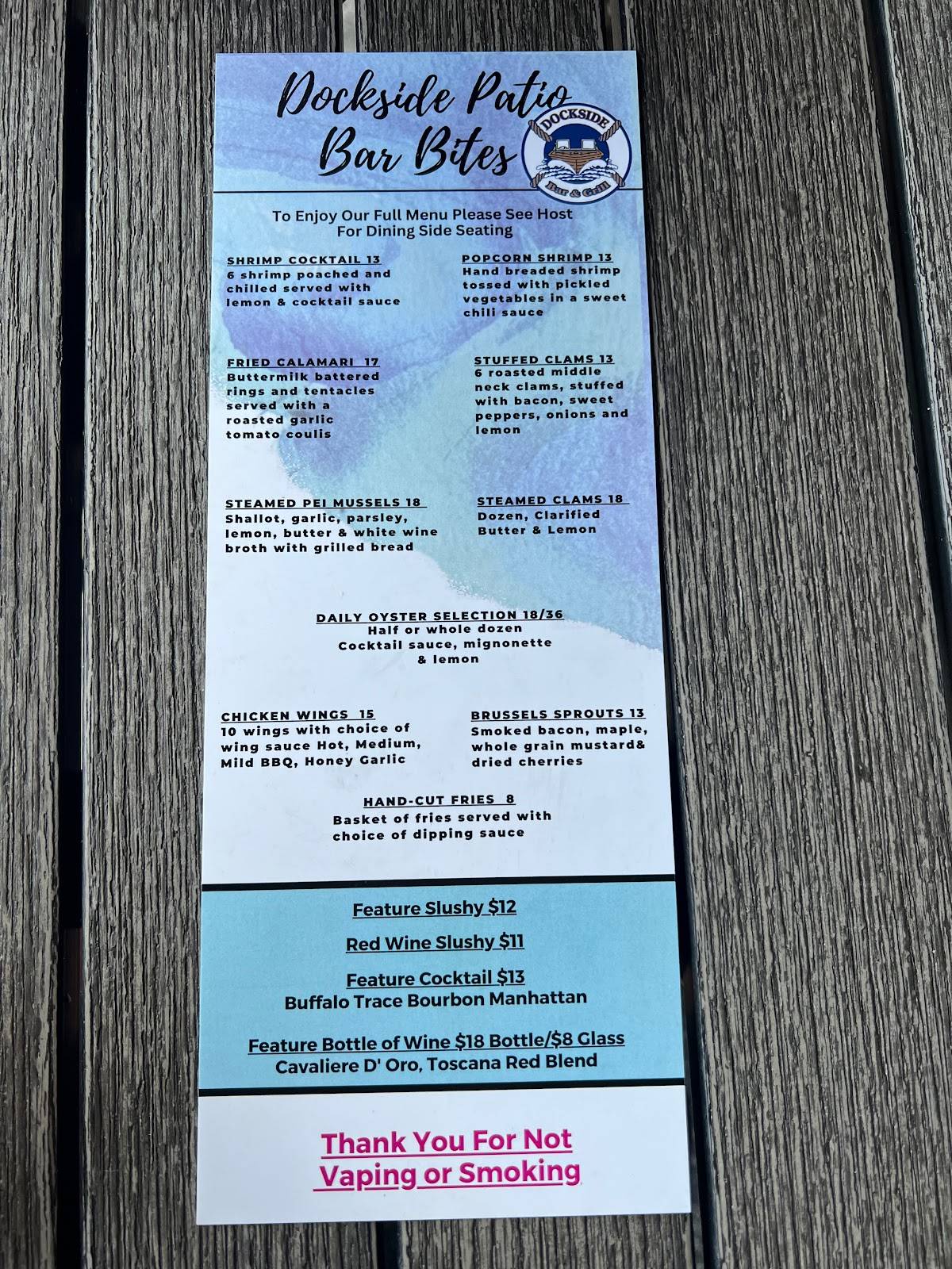 Menu at The Dockside Bar & Grill, North Tonawanda