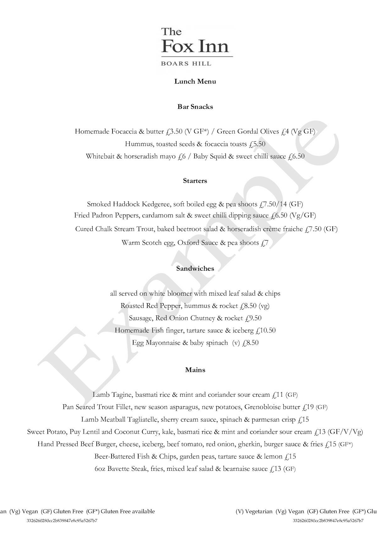 Menu at The Fox Inn pub & bar, Oxford, Fox Ln