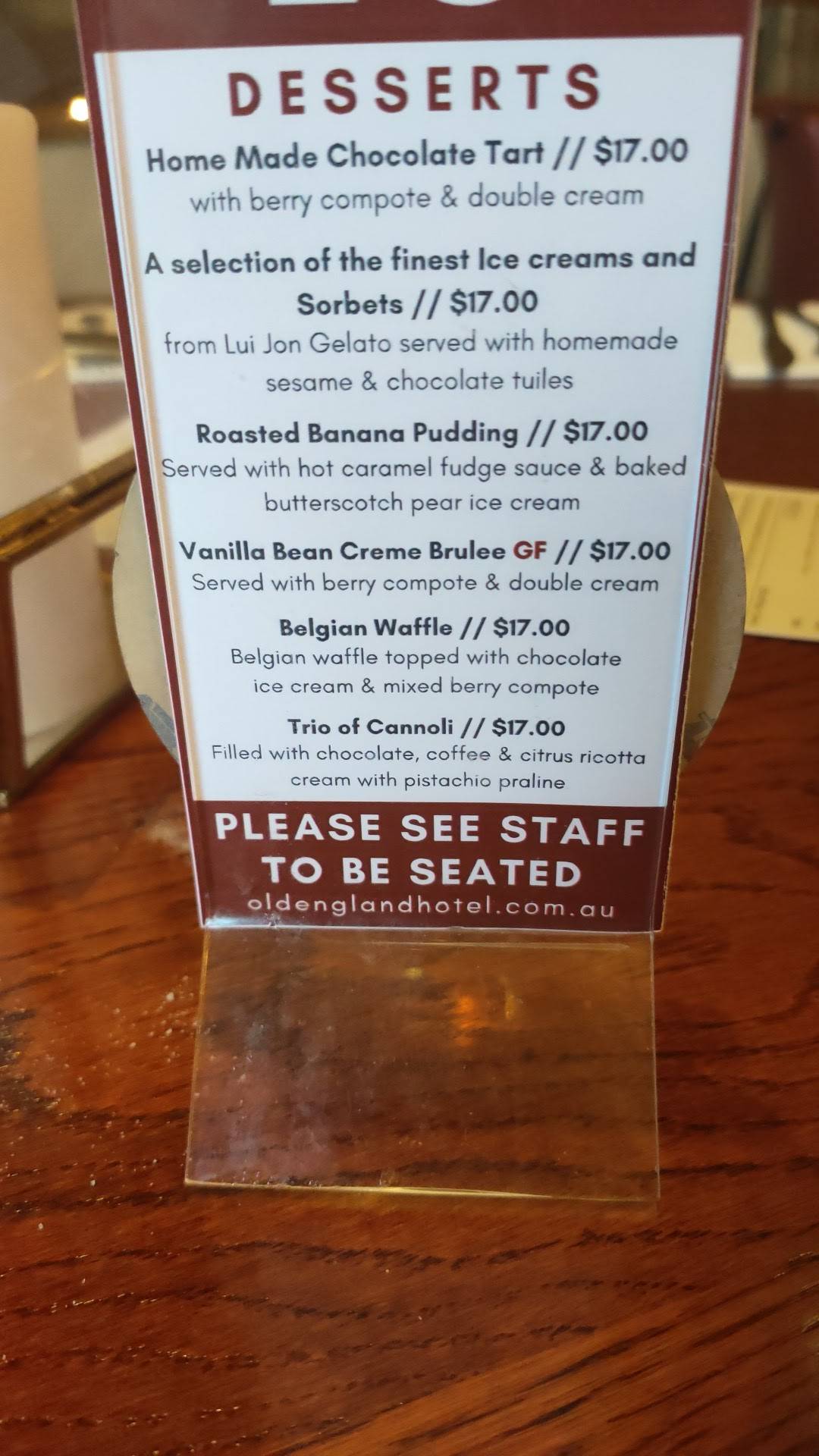 Menu at The Old England Hotel pub & bar, Heidelberg