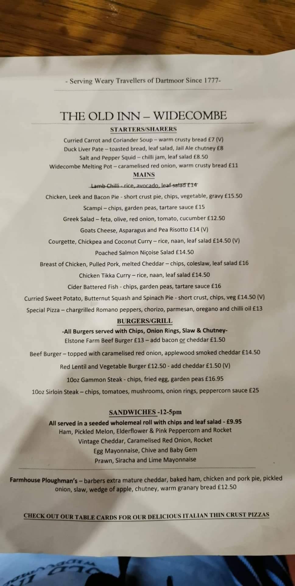 Menu at The Old Inn pub & bar, Widecombe in the Moor