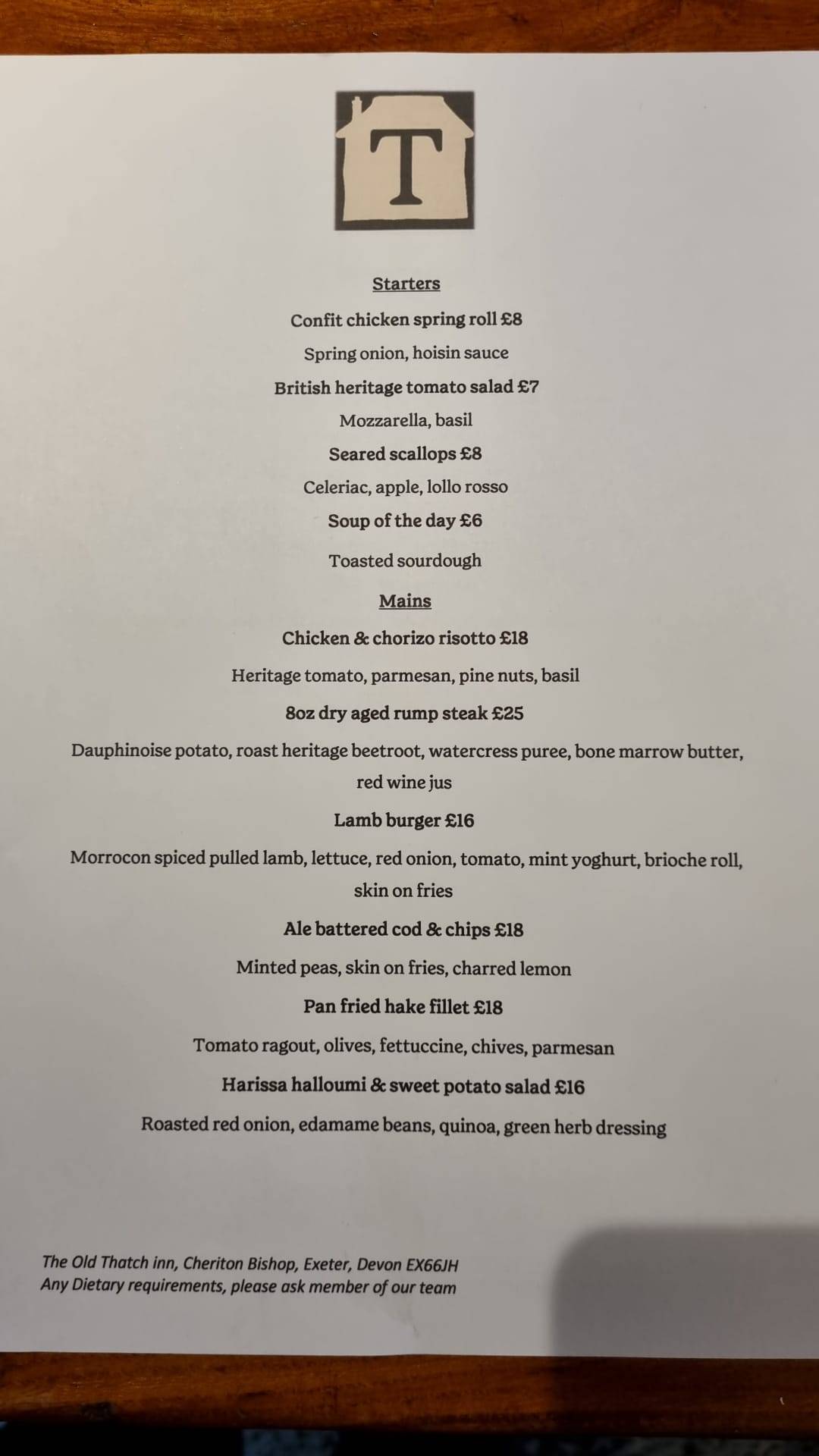 Menu at The Old Thatch Inn pub & bar, Cheriton Bishop