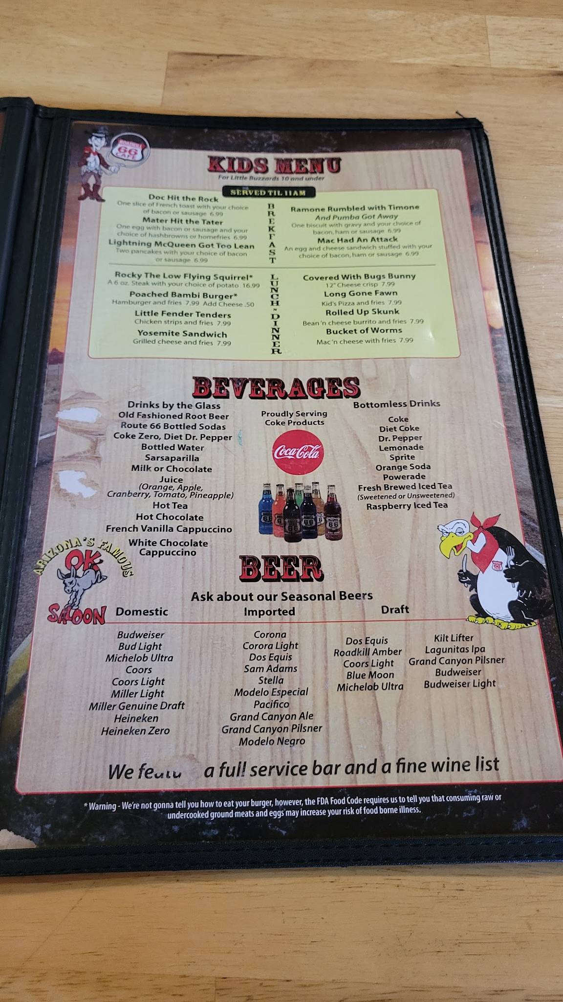 Menu at The Roadkill Cafe/O.K. Saloon, Seligman