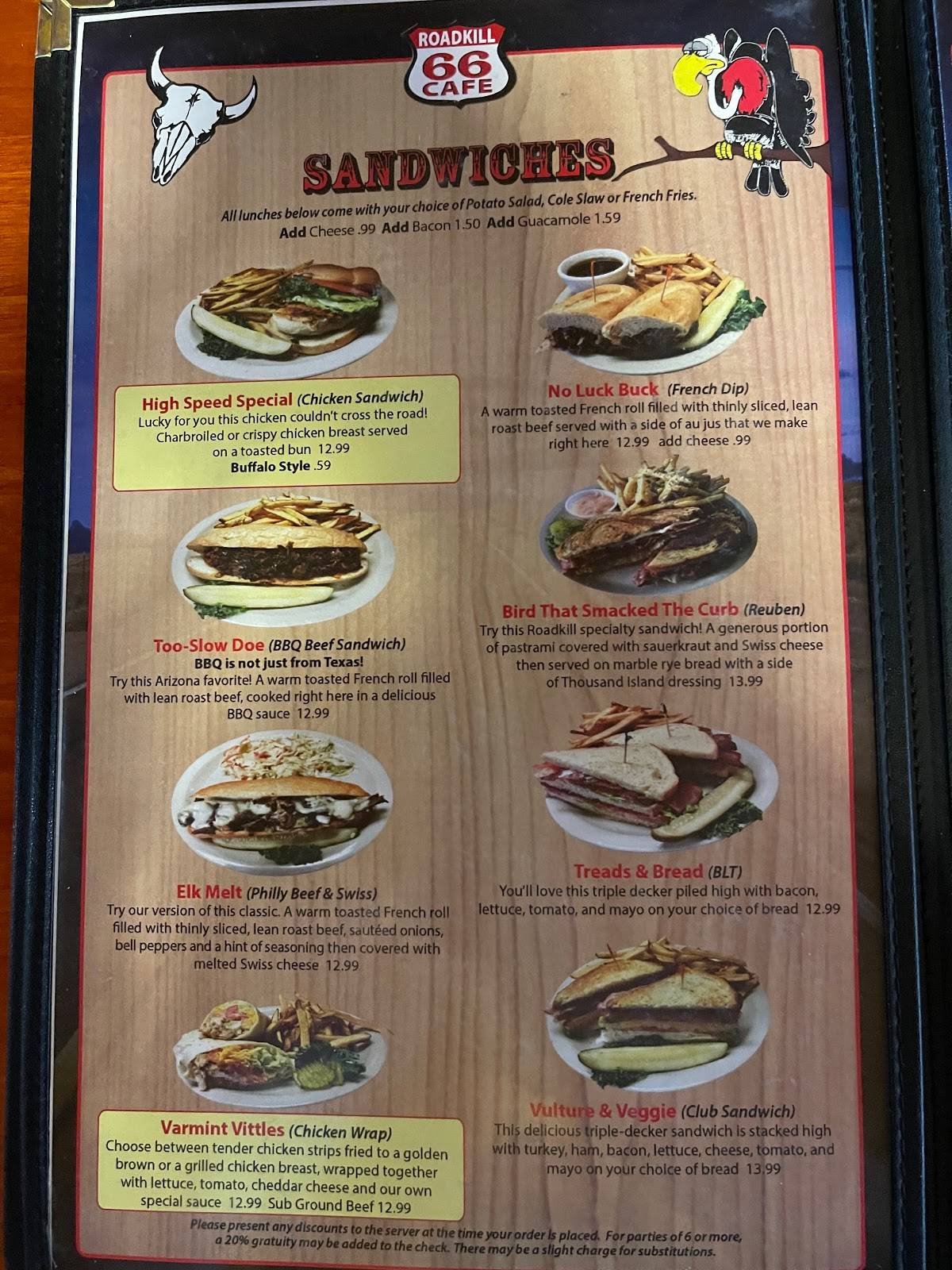 Menu at The Roadkill Cafe/O.K. Saloon, Seligman