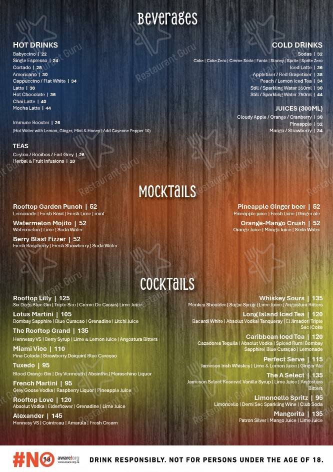 Menu at The Rooftop Grill and Bar, Roodepoort