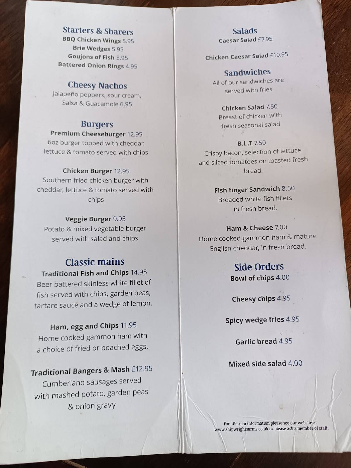 Menu at The Shipwrights Arms pub & bar, London, 88 Tooley St