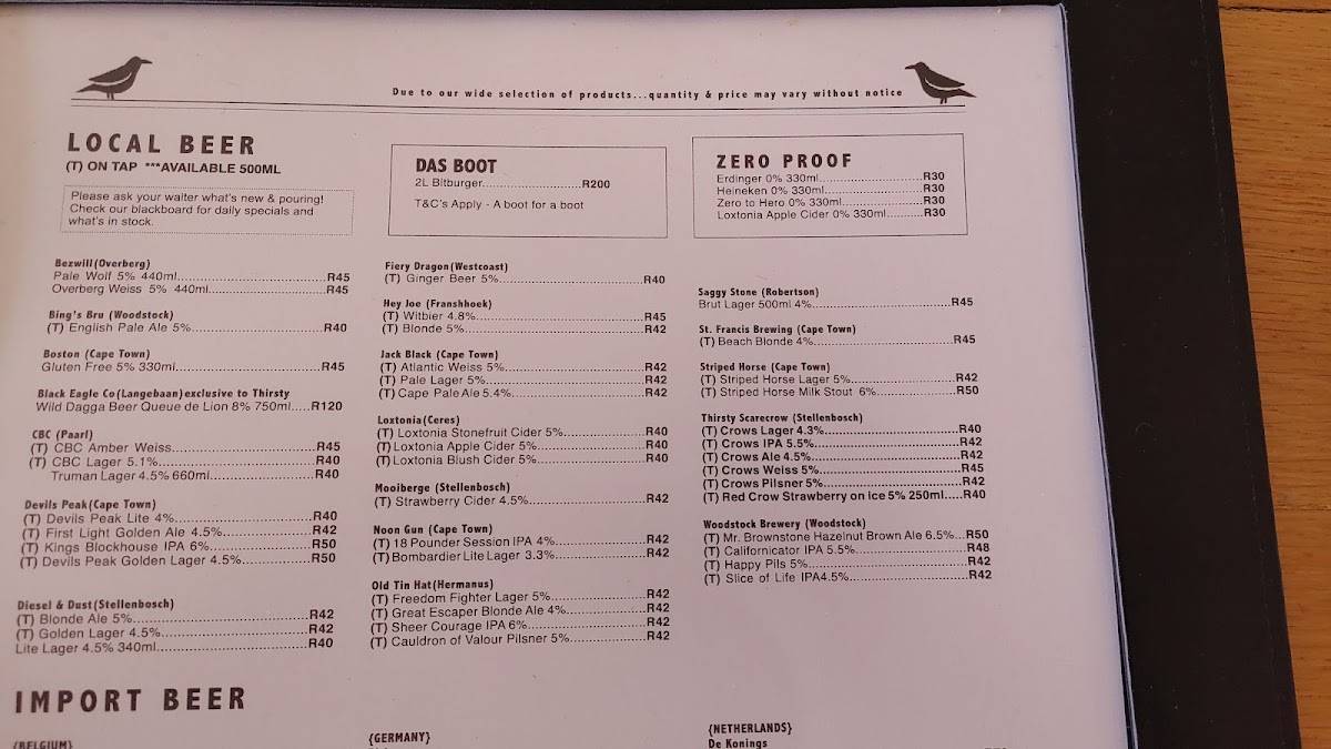 Menu at Thirsty Scarecrow pub & bar, Stellenbosch