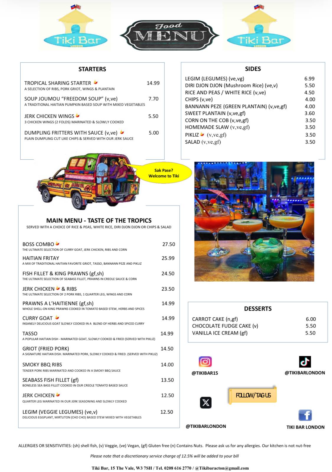 Menu at Tiki Bar London, London
