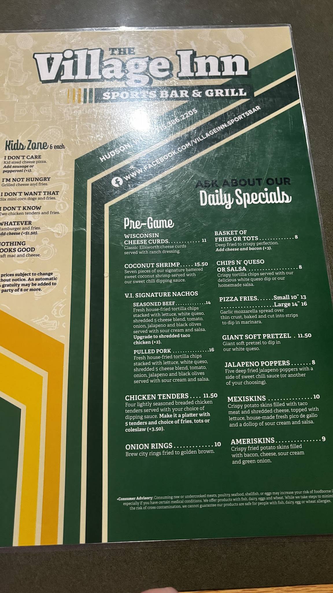 Menu at Village Inn Sports Bar, Grill & Pizzeria, Hudson