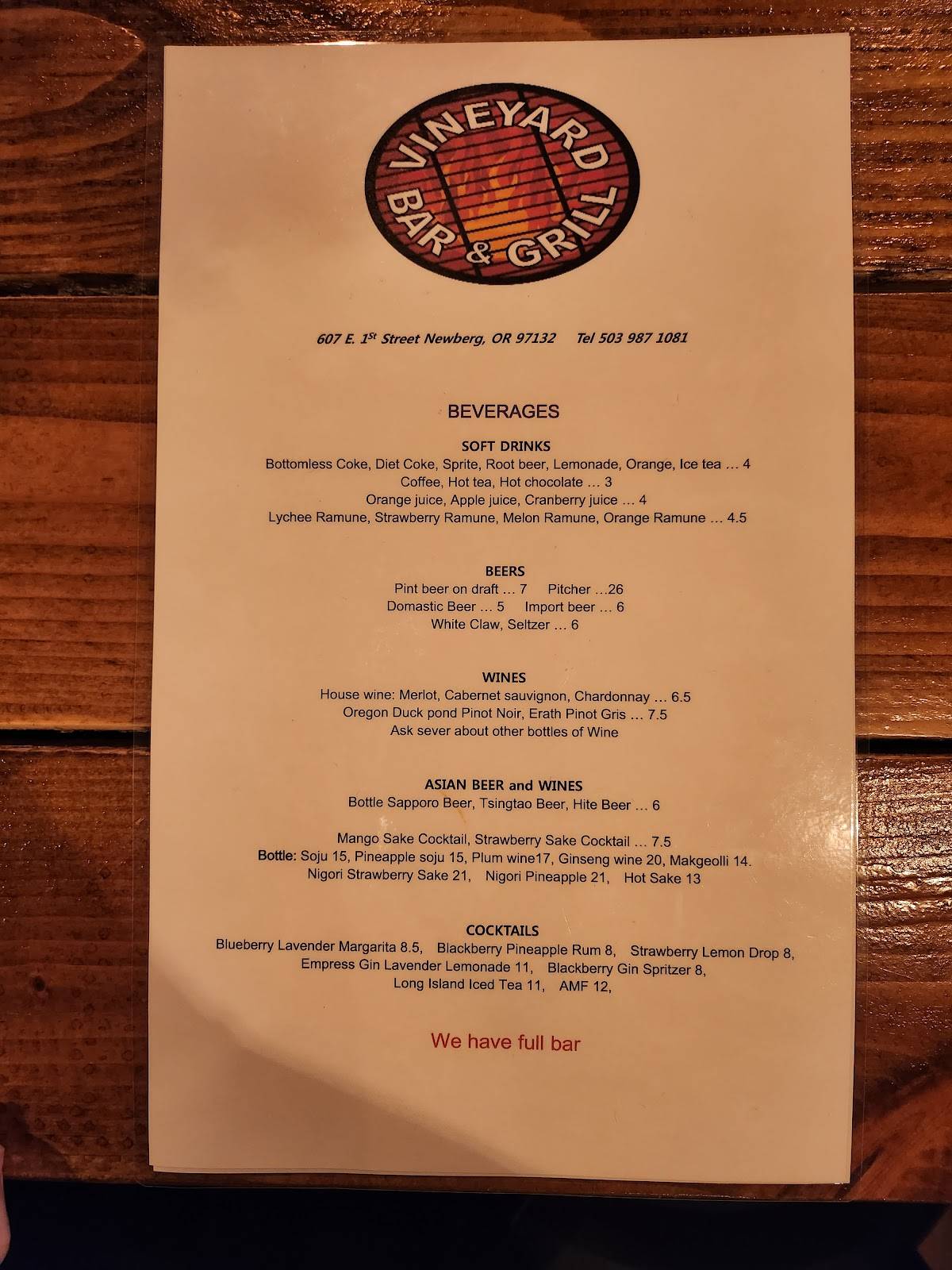Menu at Vineyard Bar and Grill, Newberg