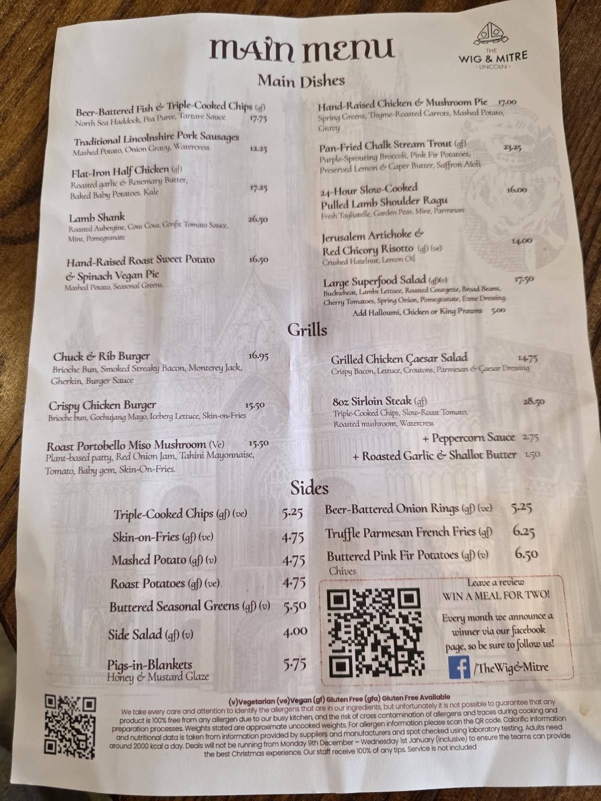 Carta del pub y bar Wig & Mitre - Lincoln, Lincoln