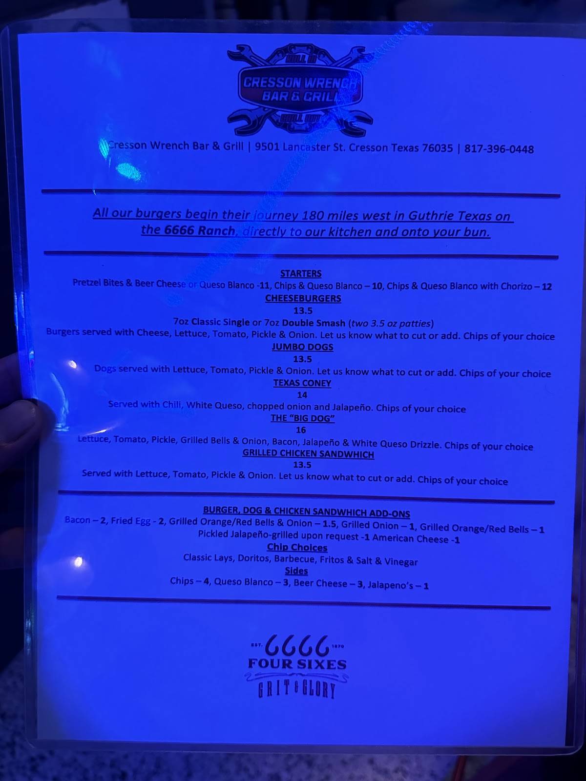 Menu at the Cresson Wrench pub & bar, Cresson
