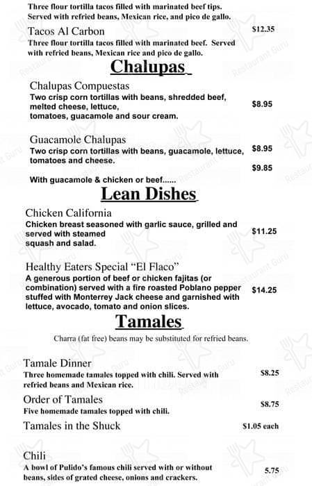 Menu at Pulido's Mexican Restaurant, Fort Worth, Pulido St