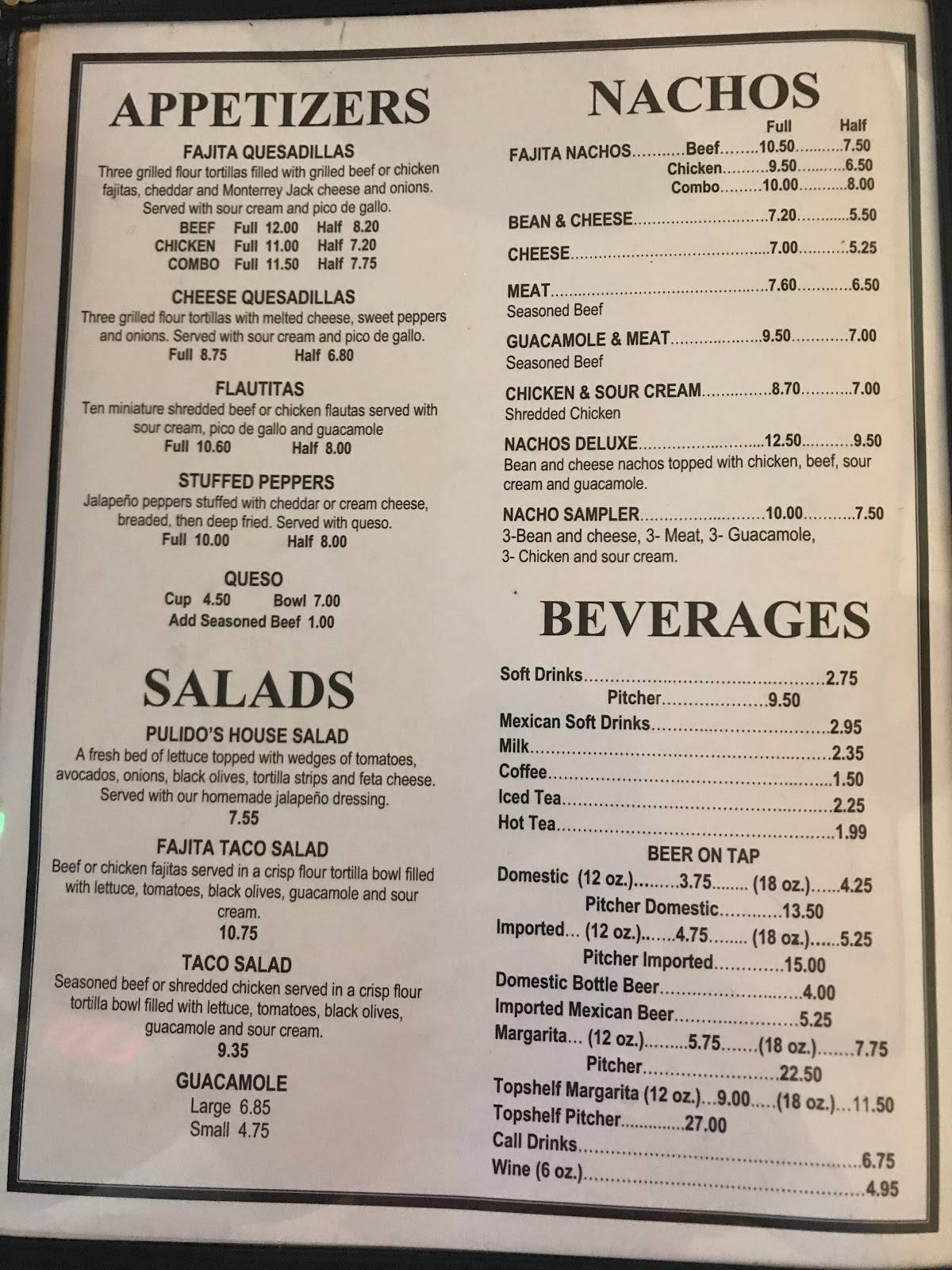 Menu at Pulido's Mexican Restaurant, Fort Worth, Pulido St