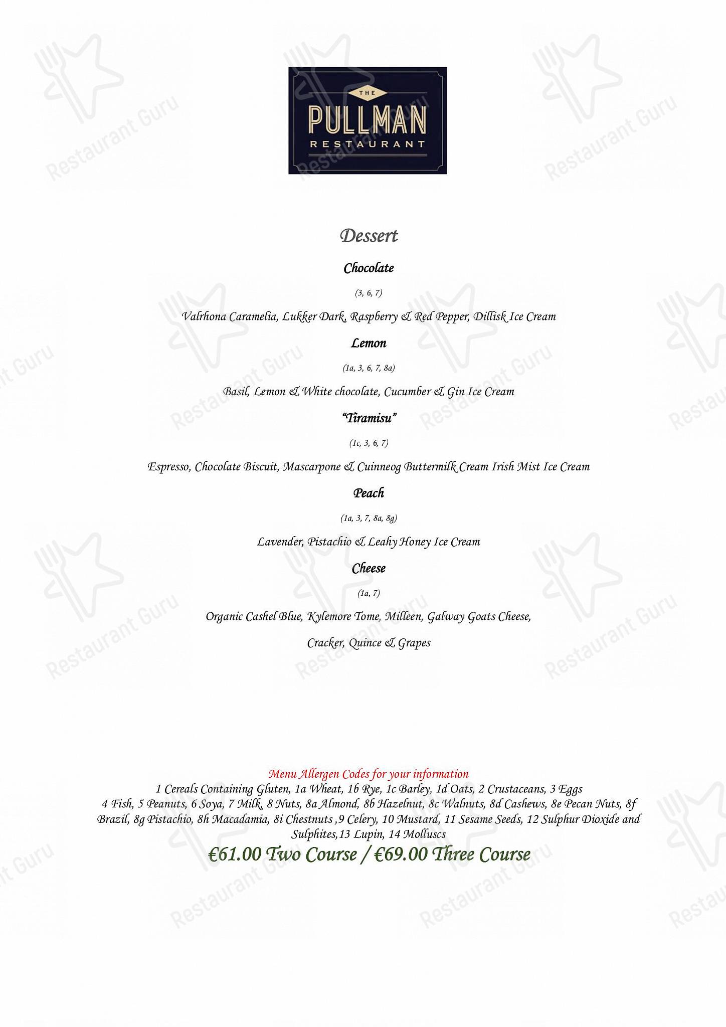 Menu at Pullman Restaurant, Galway