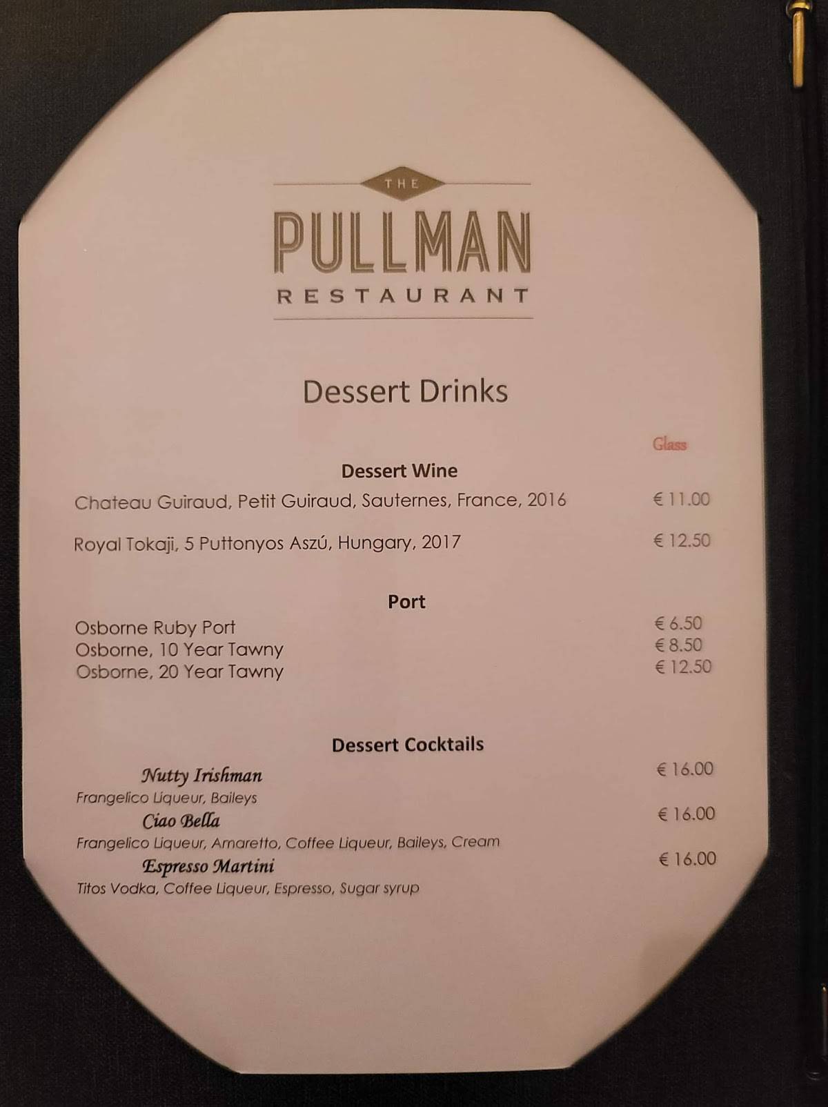 Menu at Pullman Restaurant, Galway