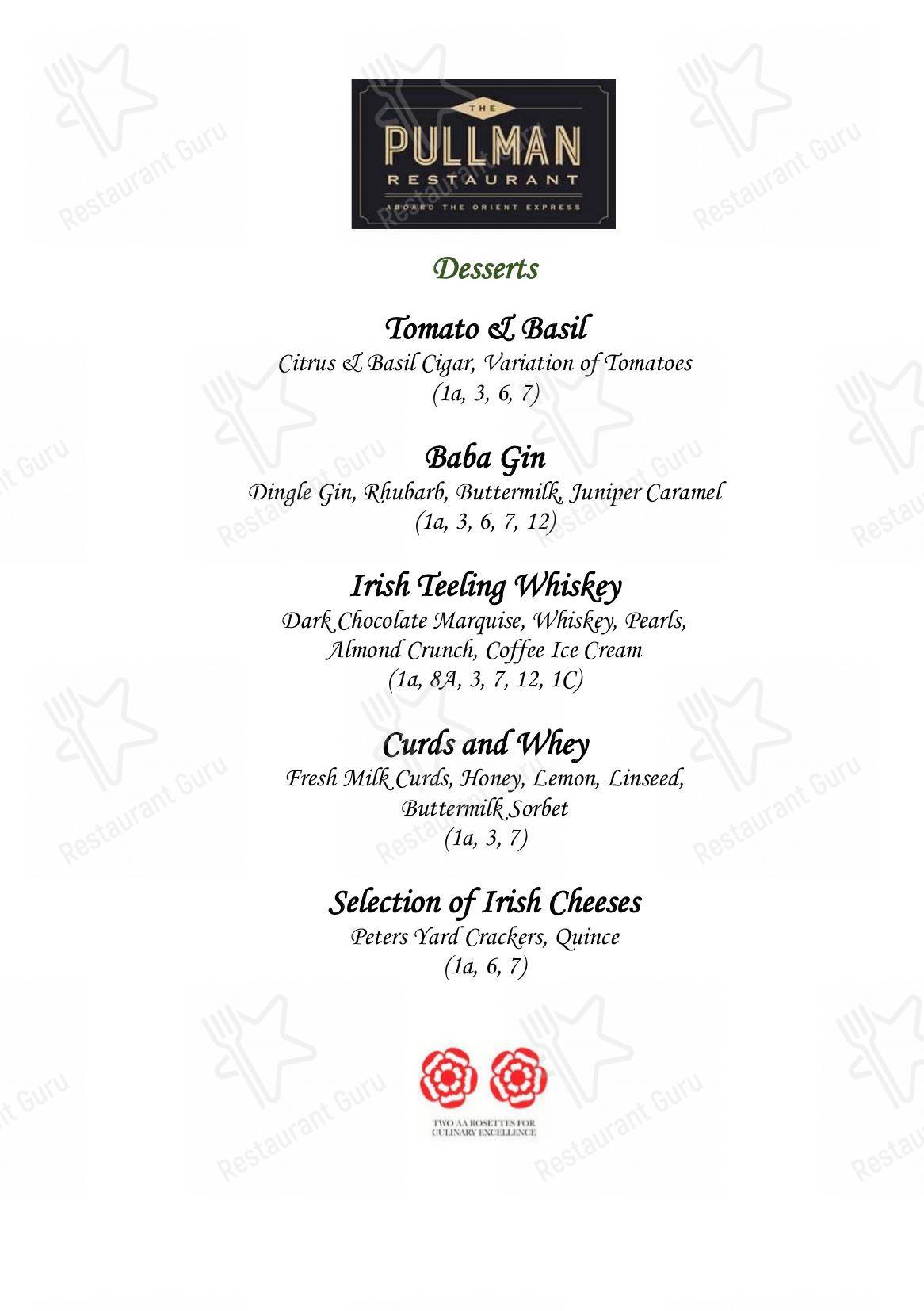 Menu at Pullman Restaurant, Galway