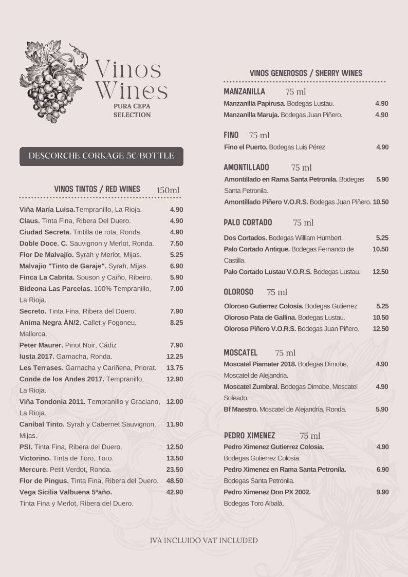 Carta del restaurante Pura Cepa Ronda, Ronda