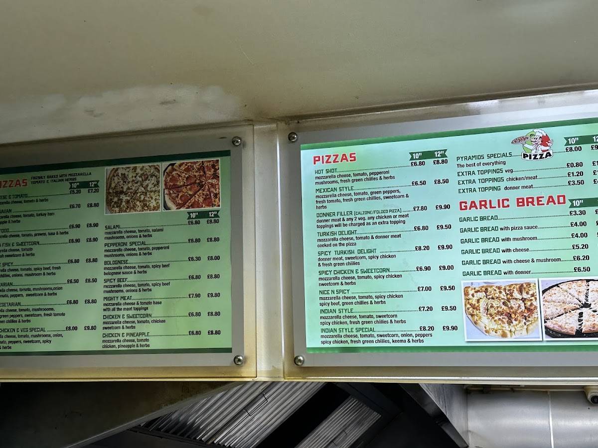 Menu at Pyramids Takeaway fast food, Blackburn
