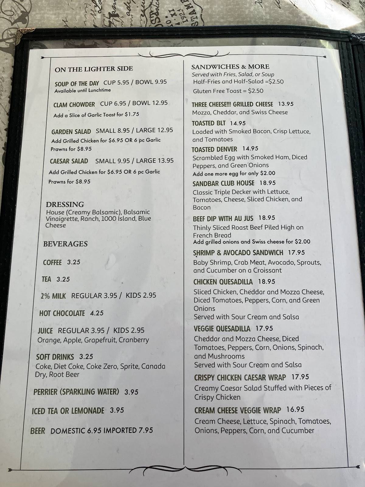 Menu at Sandbar Cafe & Art Gallery, Qualicum Bay, Island Hwy W