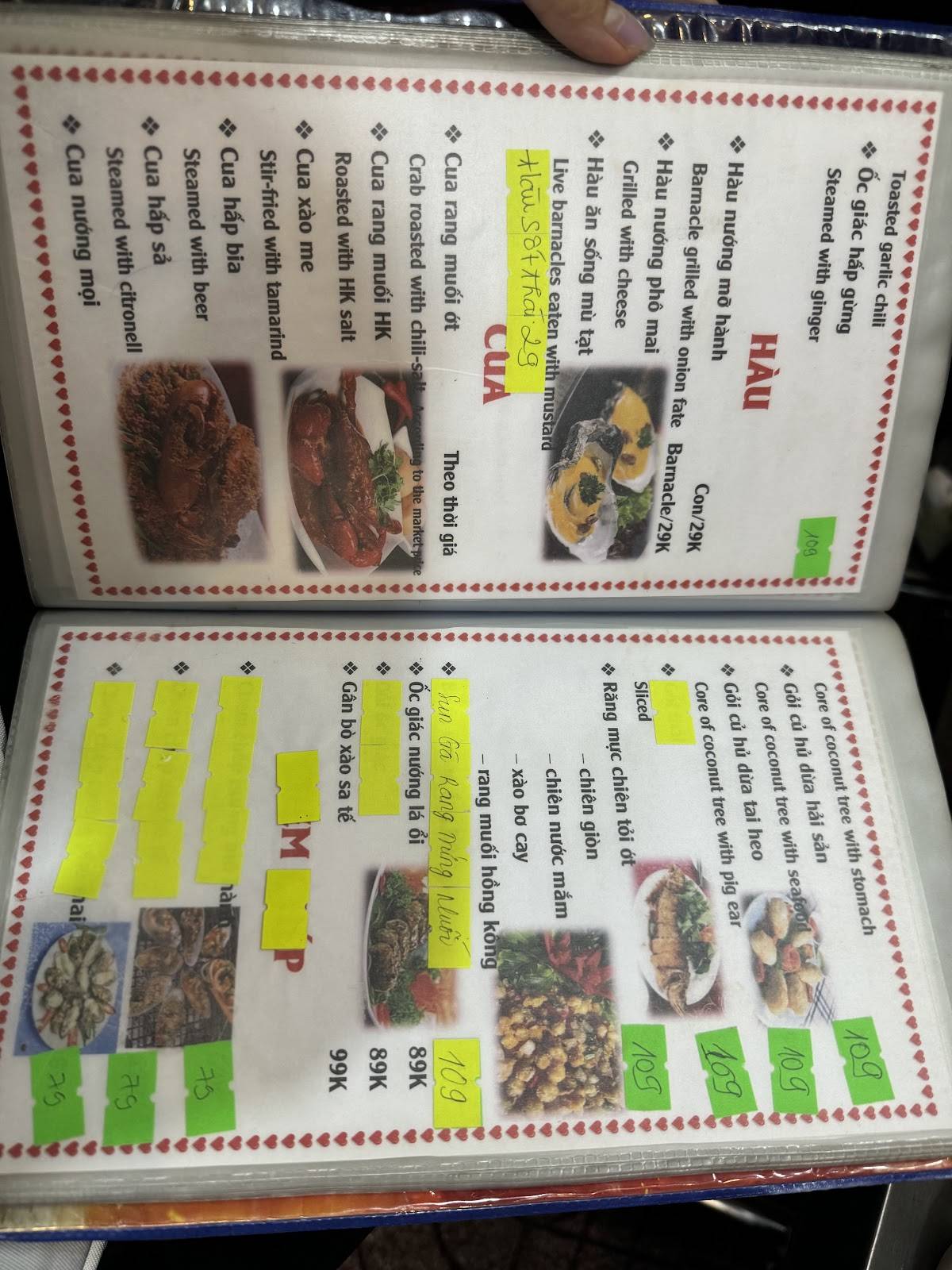 Menu at Quán ốc Xuân Thảo restaurant, Ho Chi Minh City