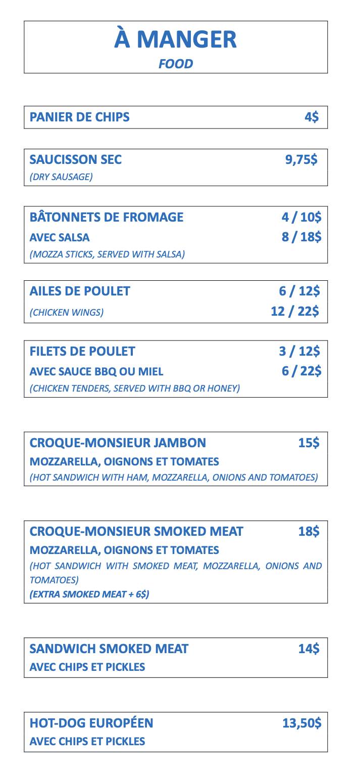 Menu at Pub Borgia, Québec City