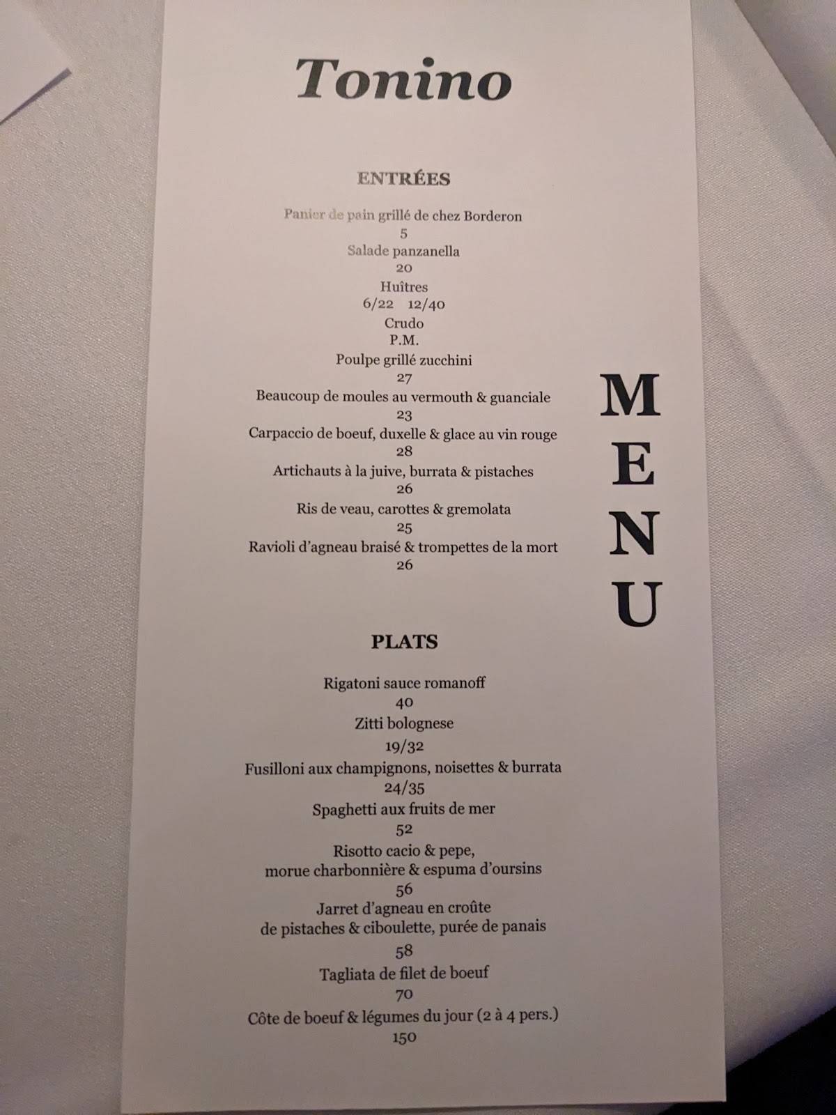 Menu au Restaurant Tonino, Québec