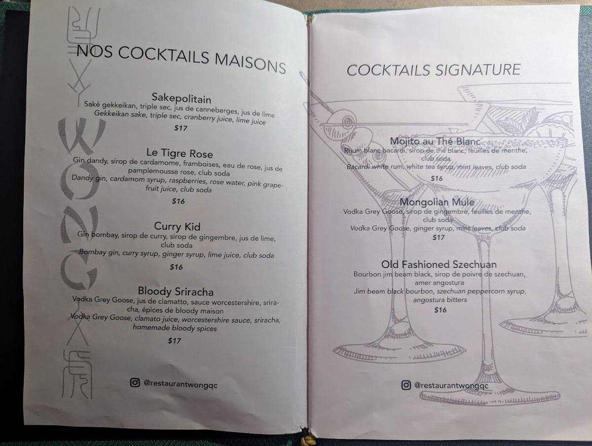 Menu au Restaurant Wong, Québec