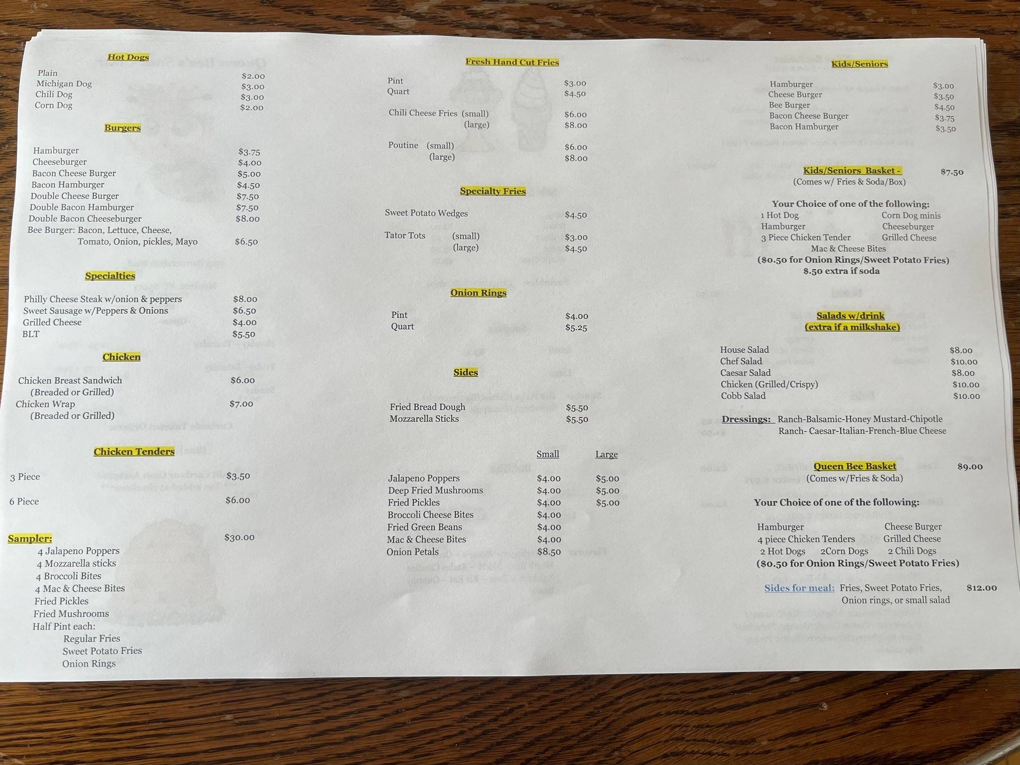 Menu at Queen Bee's Snack Bar, Monkton