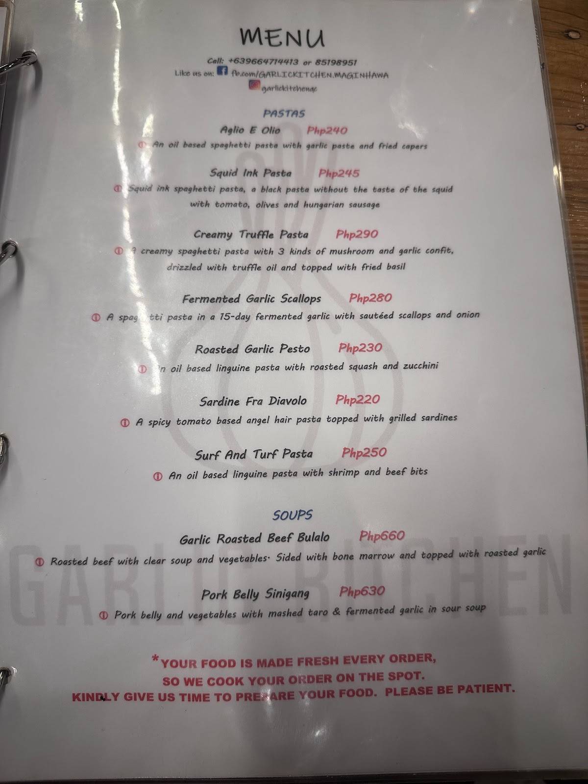 Menu at Garlic Kitchen restaurant, Quezon City