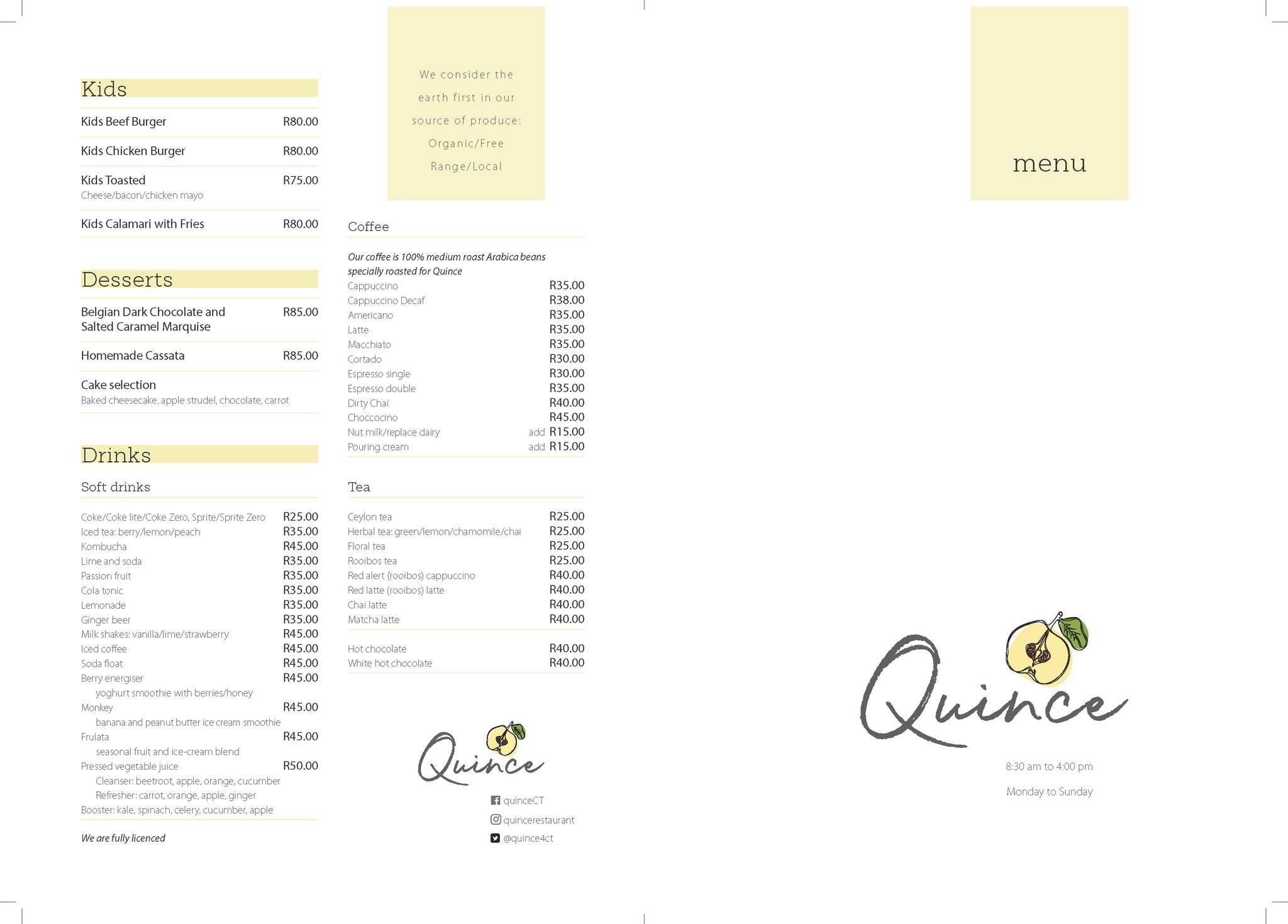 Menu at Quince Restaurant & Deli, Cape Town
