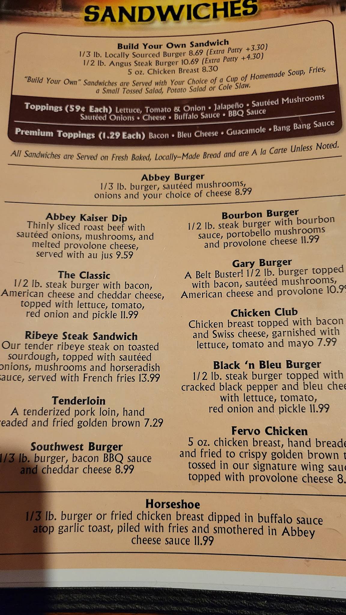 Menu at The Abbey steakhouse, Quincy