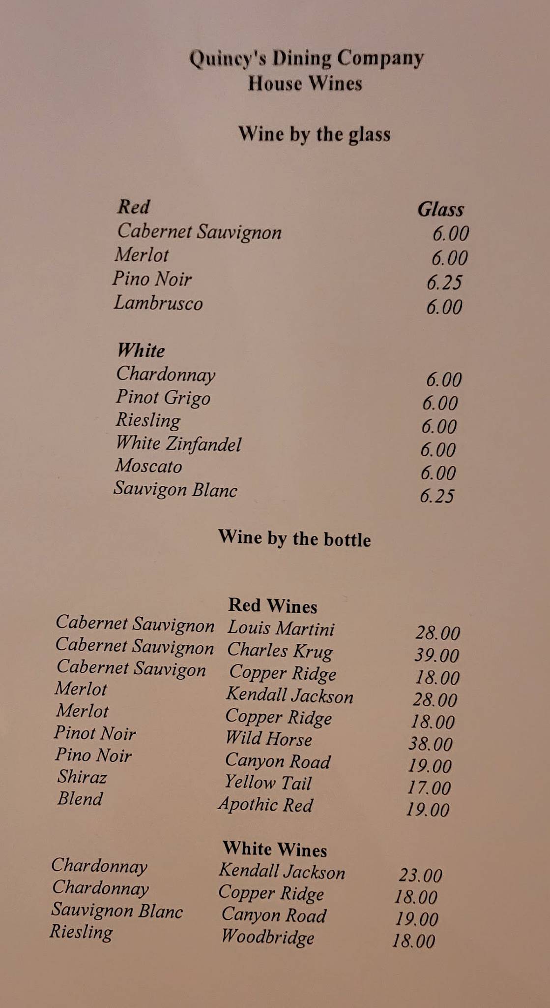 Menu at Quincy's Restaurant & Lounge, Dollar Bay