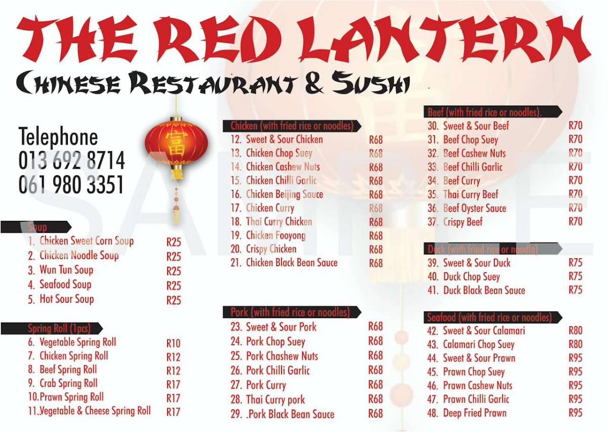 Menu at RED LANTERN CHINESE FOOD & SUSHI restaurant, Emalahleni