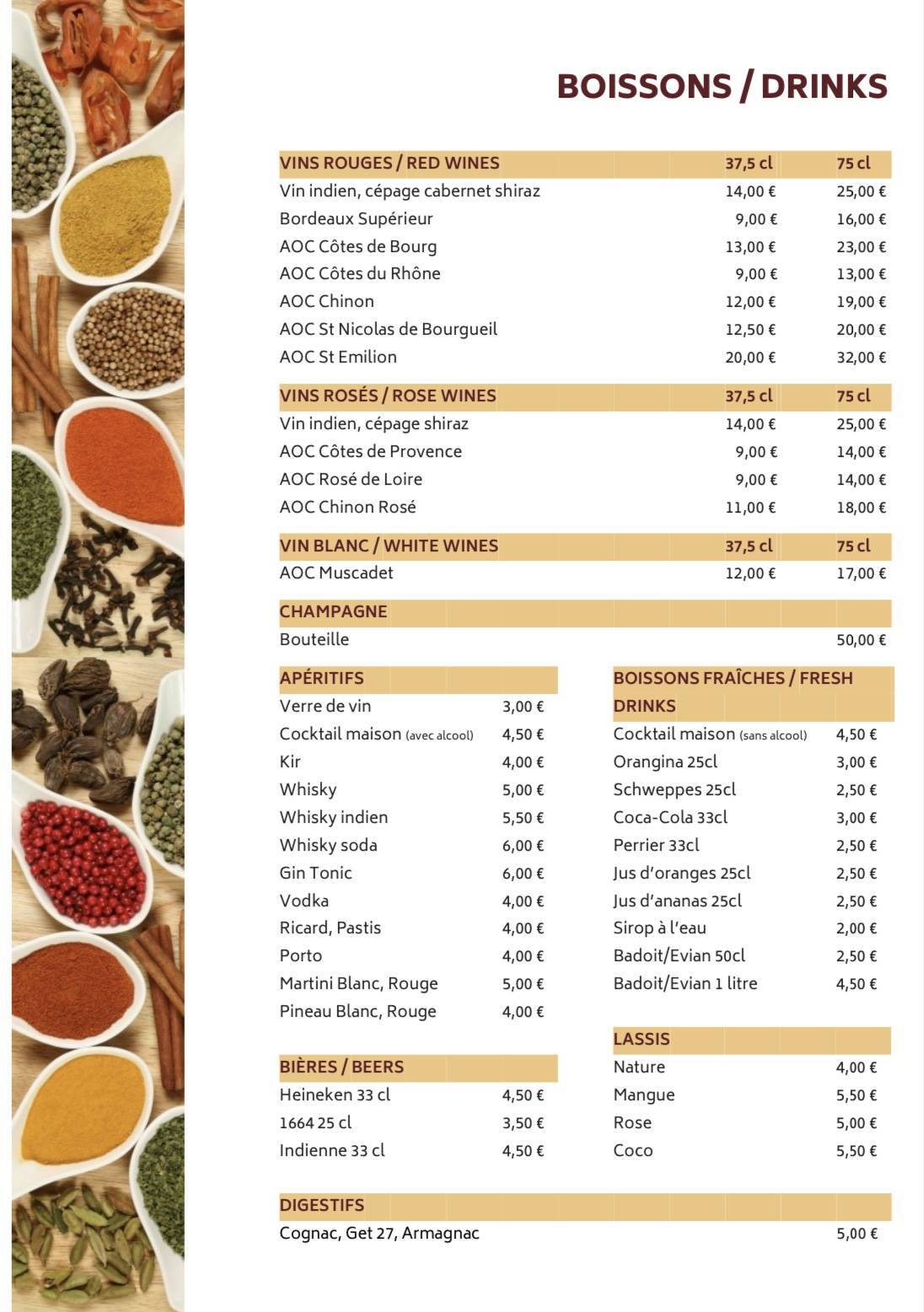 Menu au Kashfull Indien Blain restaurant, Blain