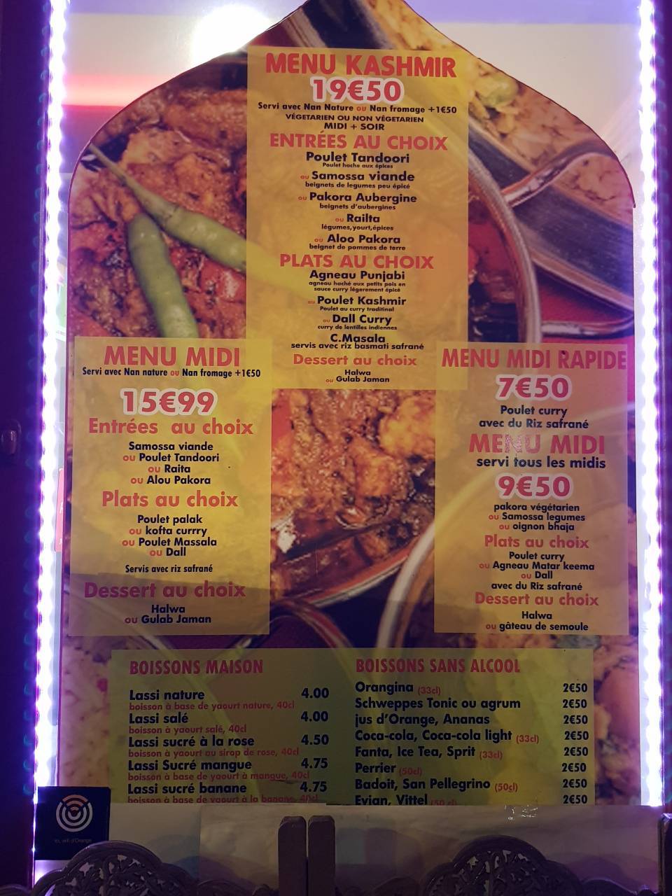Menu au RESTAURANT KASHMIR, Paris, 7 Rue d'Alésia