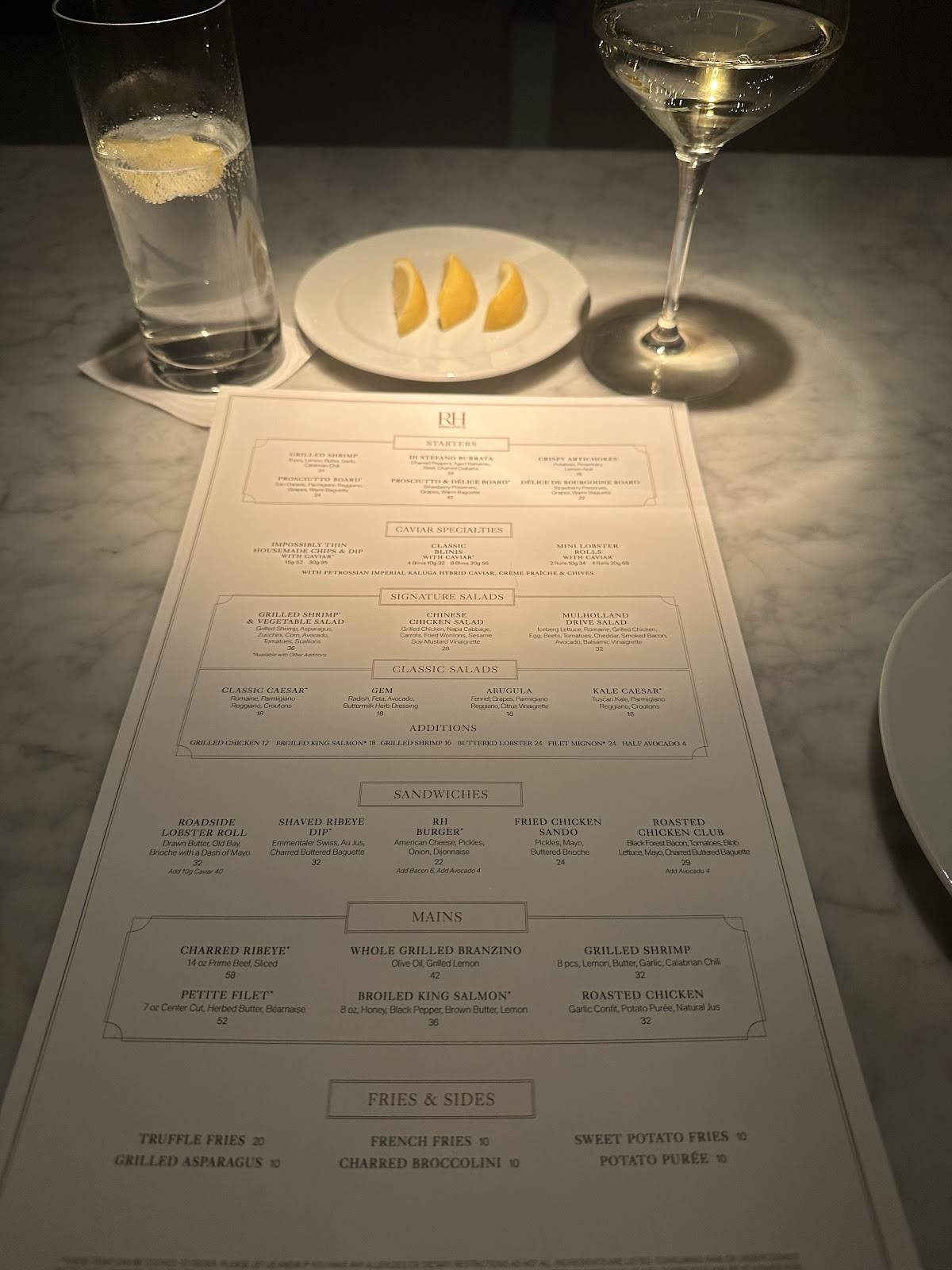 Menu at RH Rooftop Restaurant at RH Minneapolis, Edina