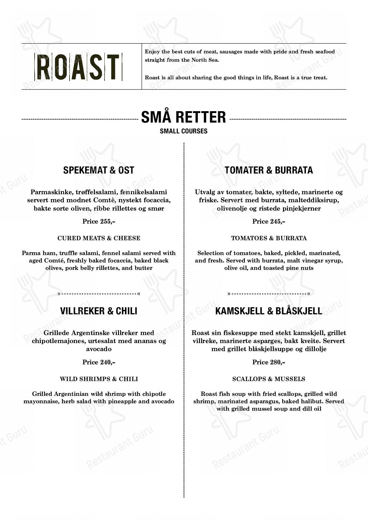Menu at ROAST Restaurant & Bar, Bodø