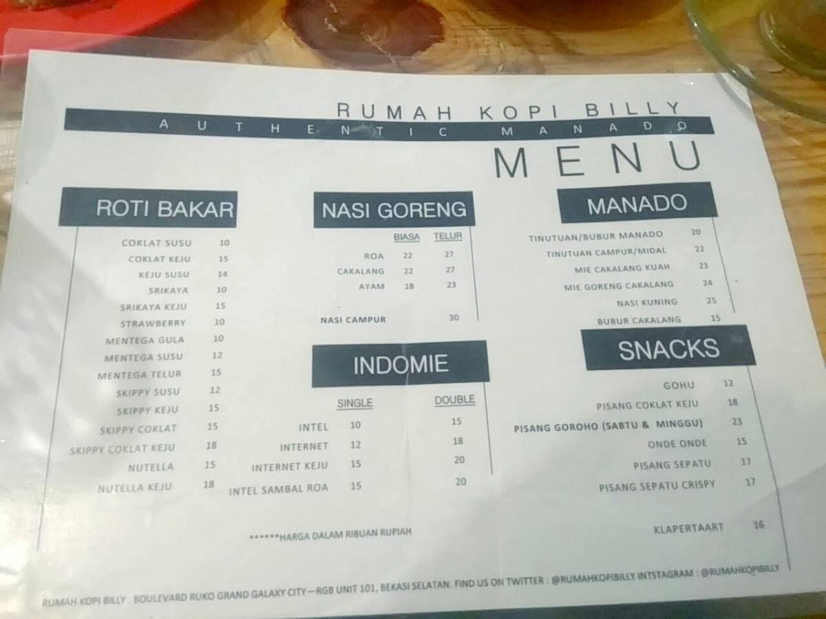 Carta de RUMAH KOPI BILLY, Yakarta Oriental, Jl. Matraman Raya No.130