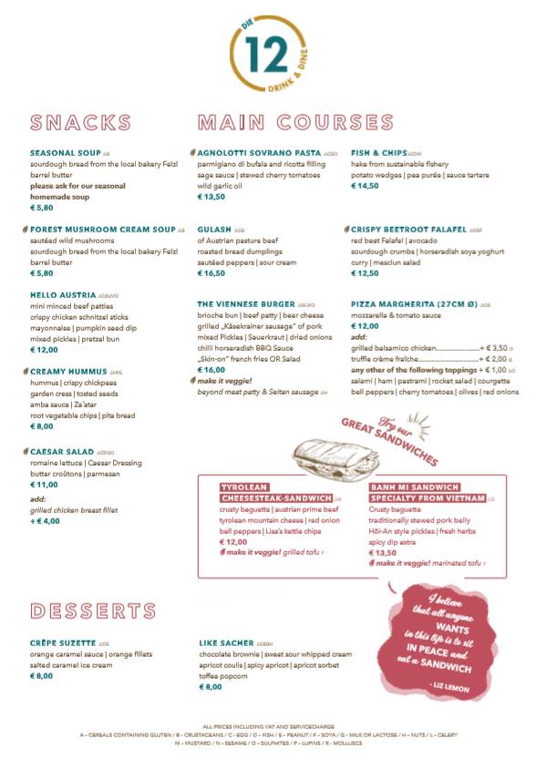 Menu at Radisson Blu Style Hotel, Vienna restaurant, Vienna