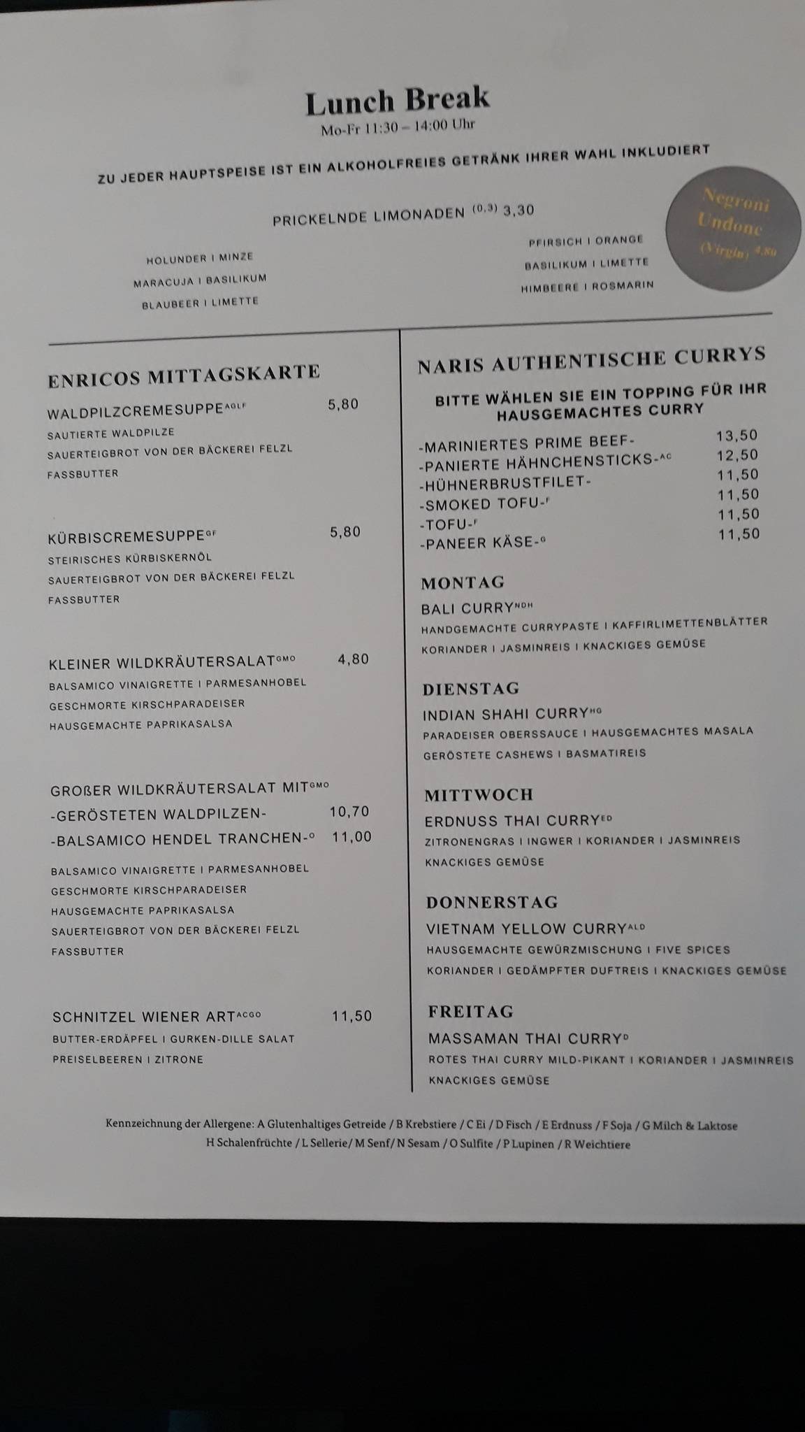 Menu at Radisson Blu Style Hotel, Vienna restaurant, Vienna