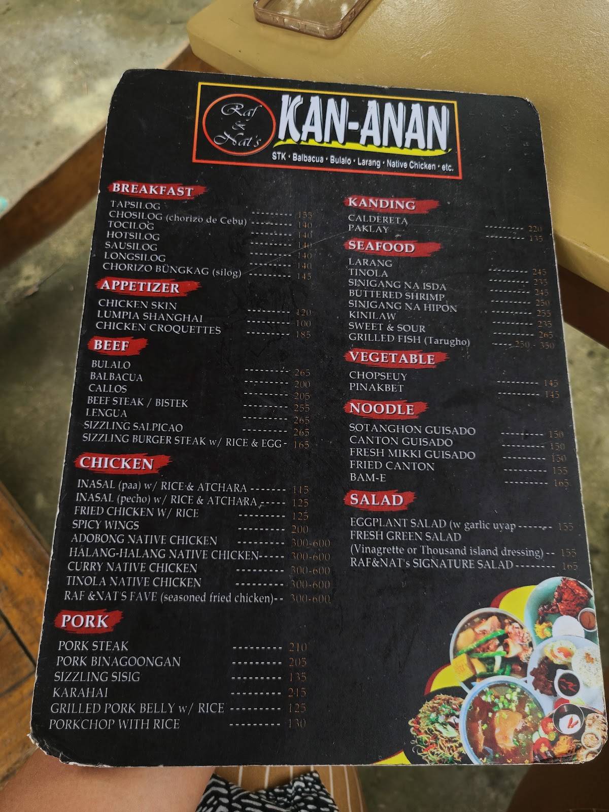 Menu at Raf and Nat's Kan-Anan restaurant, Pamplona