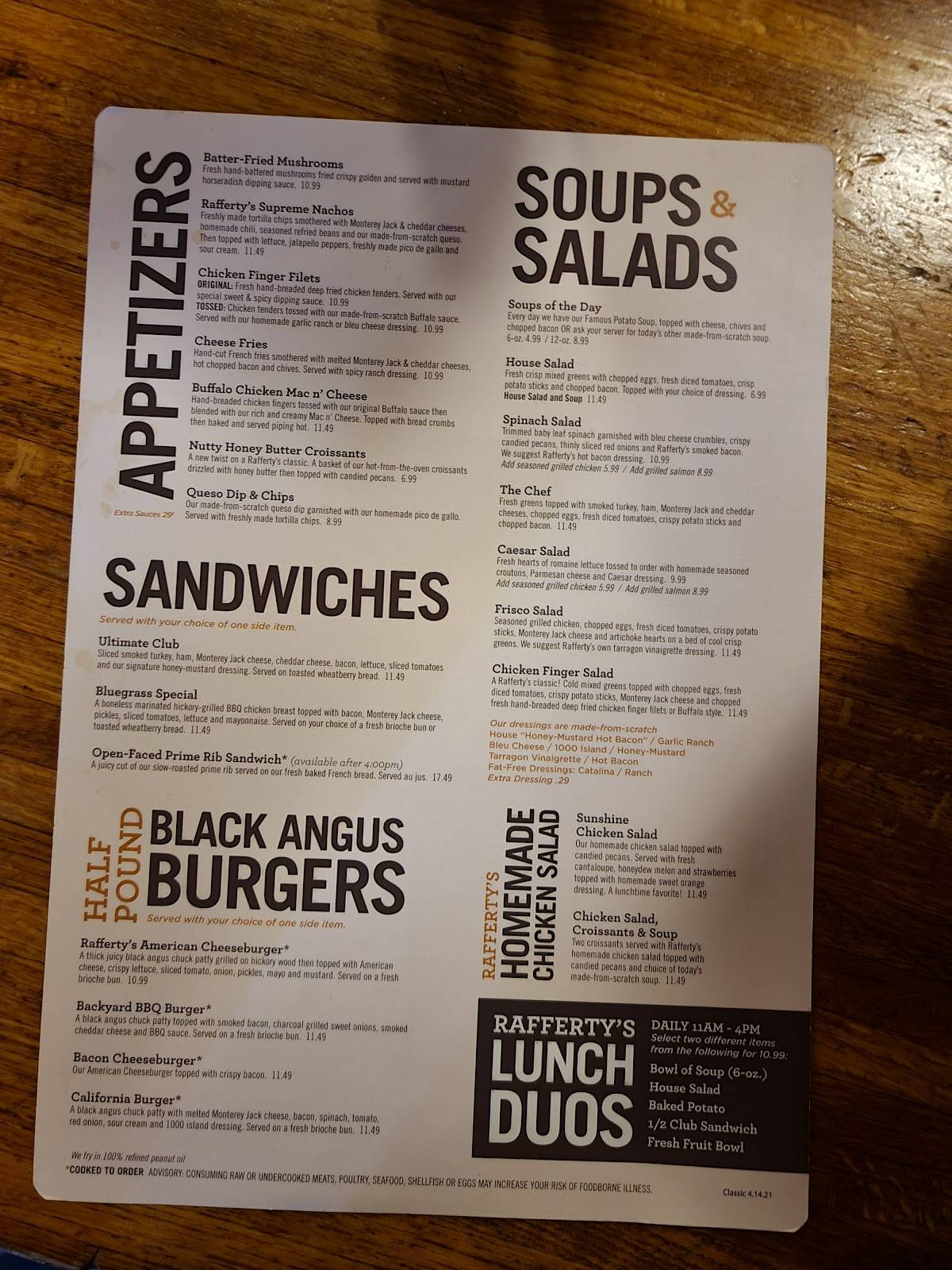Menu at Rafferty's of Memphis restaurant, Memphis, Poplar Ave