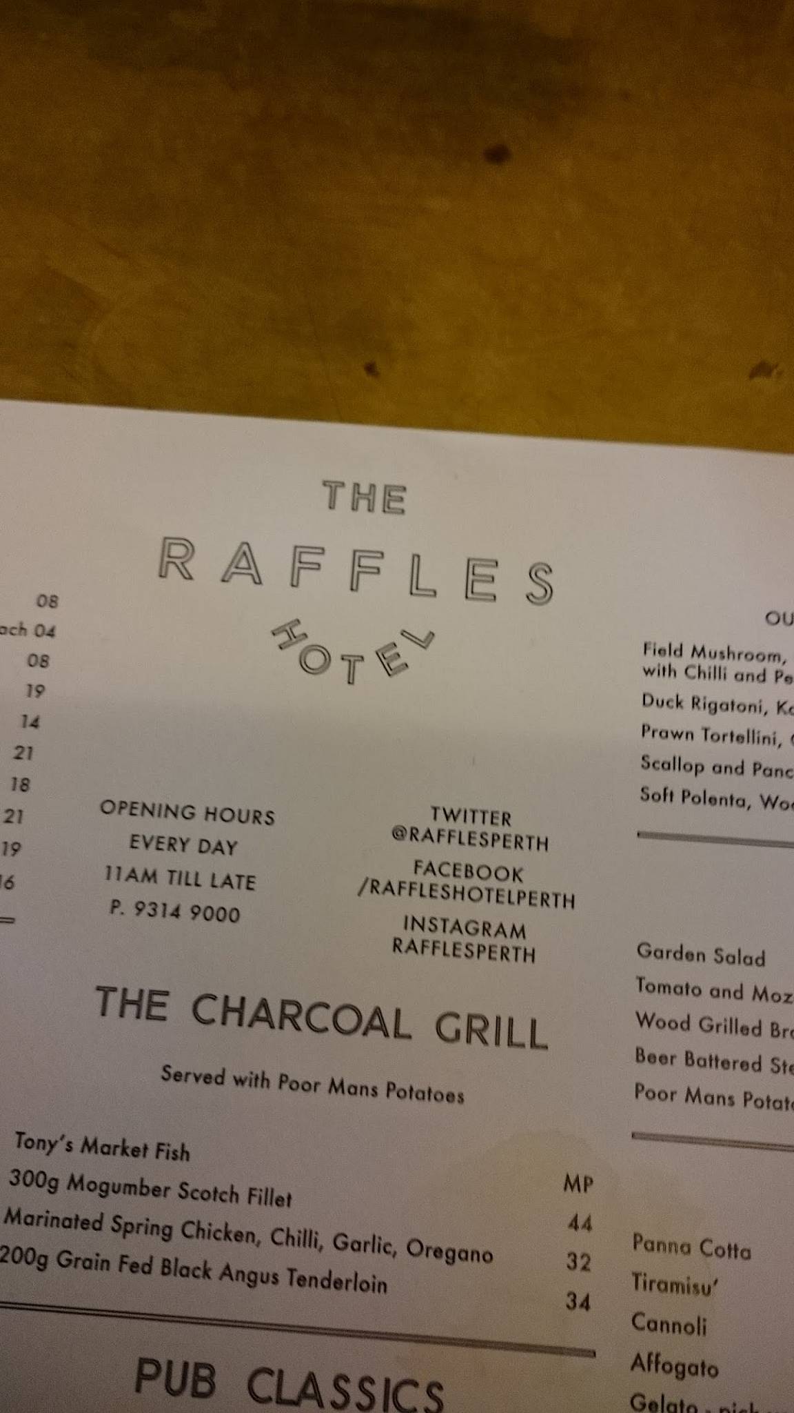 Menu at Raffles Hotel pub & bar, Applecross, 70-72 Canning Beach Rd
