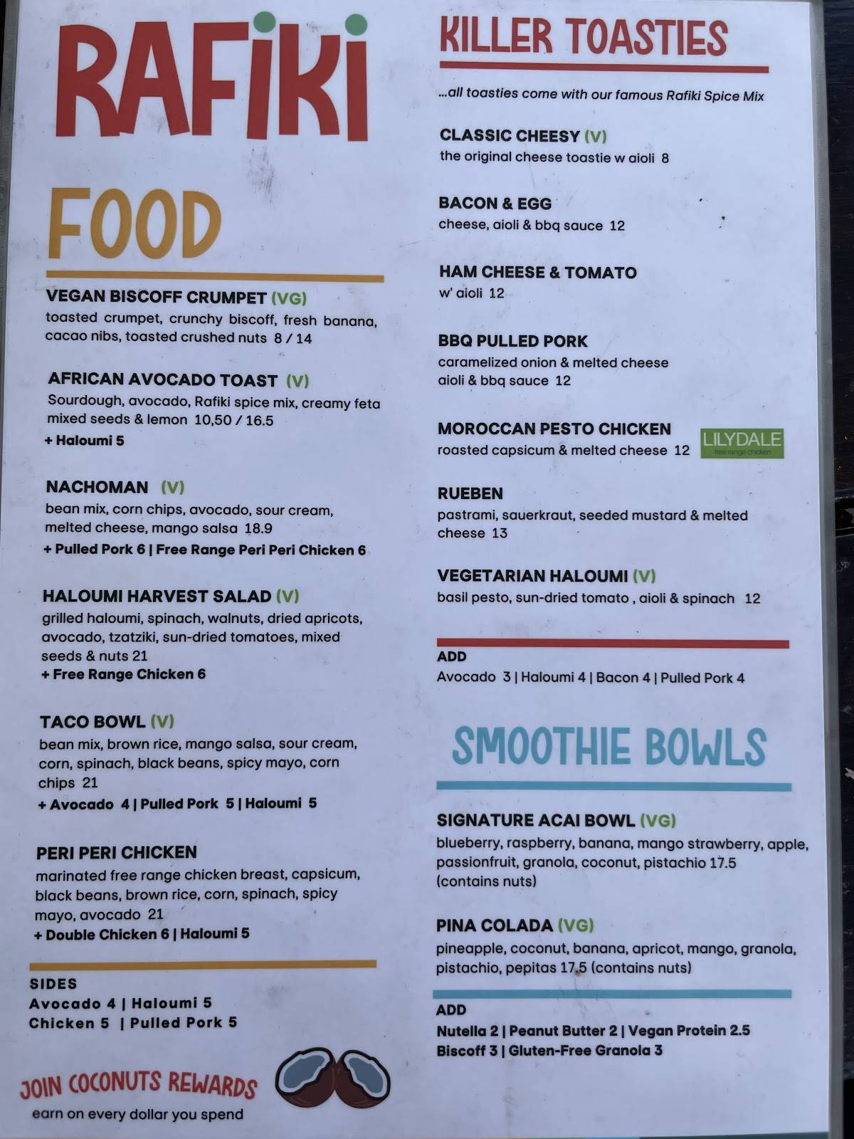 Menu at Rafiki cafe, Mermaid Beach