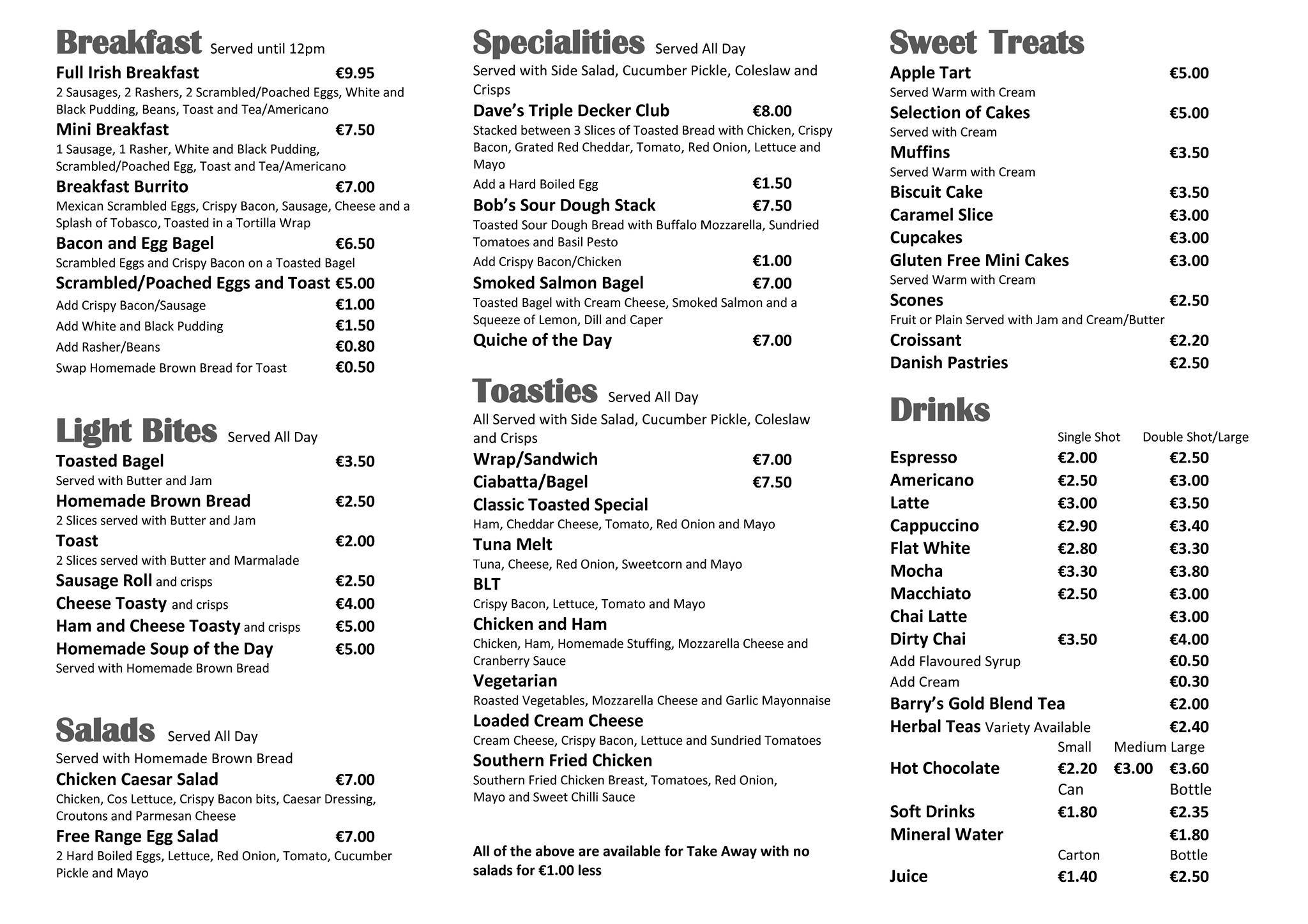 Carta de Ragazzi Café, Kilkenny