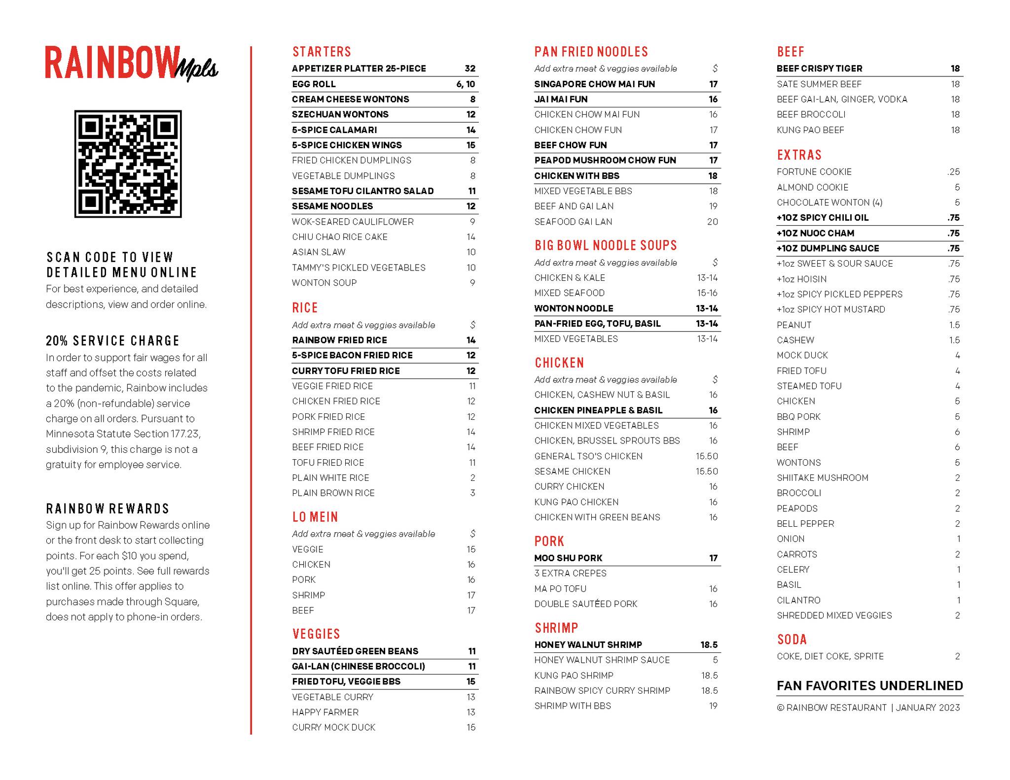 Menu at Rainbow Chinese Restaurant & Bar, Minneapolis